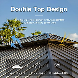 12x14Ft Hardtop Gazebo Wooden Coated Aluminum Frame Canopy Galvanized Steel Double Roof Outdoor Wood-Looking Permanent Metal Pavilion with Curtains and Netting for Patio Deck Lawn