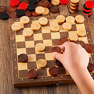 48 Pieces Wooden Checkers 1.06 Inch Wooden Checkers Pieces with Stackable Ridge in Drawstring Storage Pouch Red Black Dark Brown Wood Color (Red, Black, Dark Brown, Natural Color)
