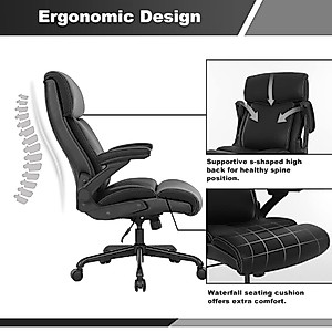 Executive Office Chair, Big and Tall Office Chair 500lbs for Heavy People Ergonomic High Back Leather Executive Office Chair with Flip-up Armrests and Adjustable Height Office Chair (Black)