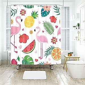 Flamingo Print Shower Curtain, Flamingo Animal Bird Theme Shower Curtain with Cloth Fabric Bathroom Decor Set with Hooks, 71" W x 71" L, (Flamingo Summer Vibe)