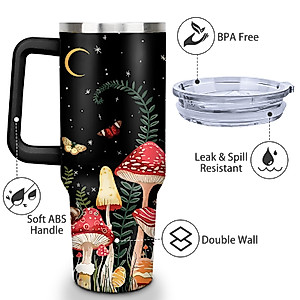 thmasamwr Mushroom Tumbler with Lid and Straw, Stainless Steel Mushroom 40oz Tumbler with Handle, Black Mushroom Travel Coffee Mug Mushroom Gifts Cups for Women and Men