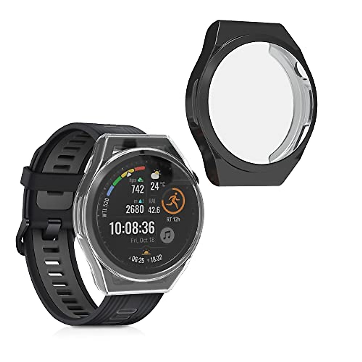 kwmobile Case Compatible with Huawei Watch GT Runner (Set of 2) - Smart Watch/Fitness Tracker Cover - Black/Transparent