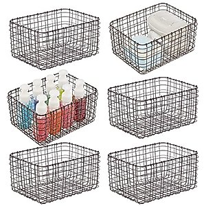 mDesign Farmhouse Metal Bathroom Storage Organizer Bin Basket for Vanity, Towels, Cabinets, Shelves - Holds Sponges, Make-Up, Shampoo, Conditioner, Cosmetics, Hand Towels - 12" x 9" - 6 Pack - Bronze