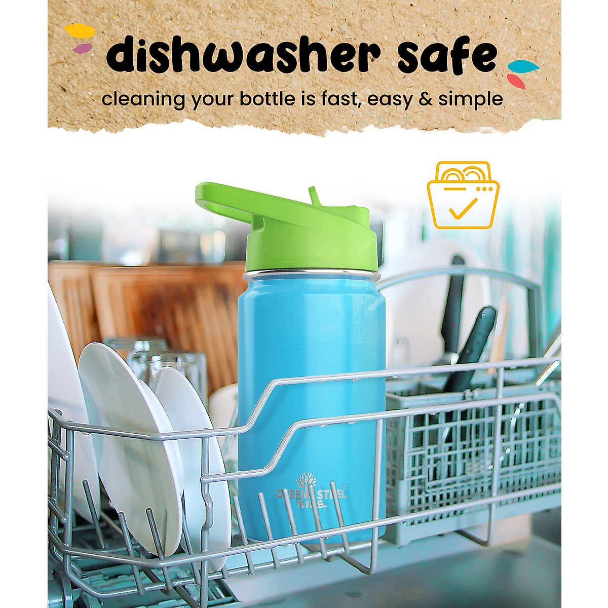 Kids Water Bottle - 12oz Stainless | Leak Proof With Straw & Handle | 24 Hours Cold | Insulated, Double Wall Stainless Steel | Easy Sip Toddler Cup | Child's Flask | Eco Friendly