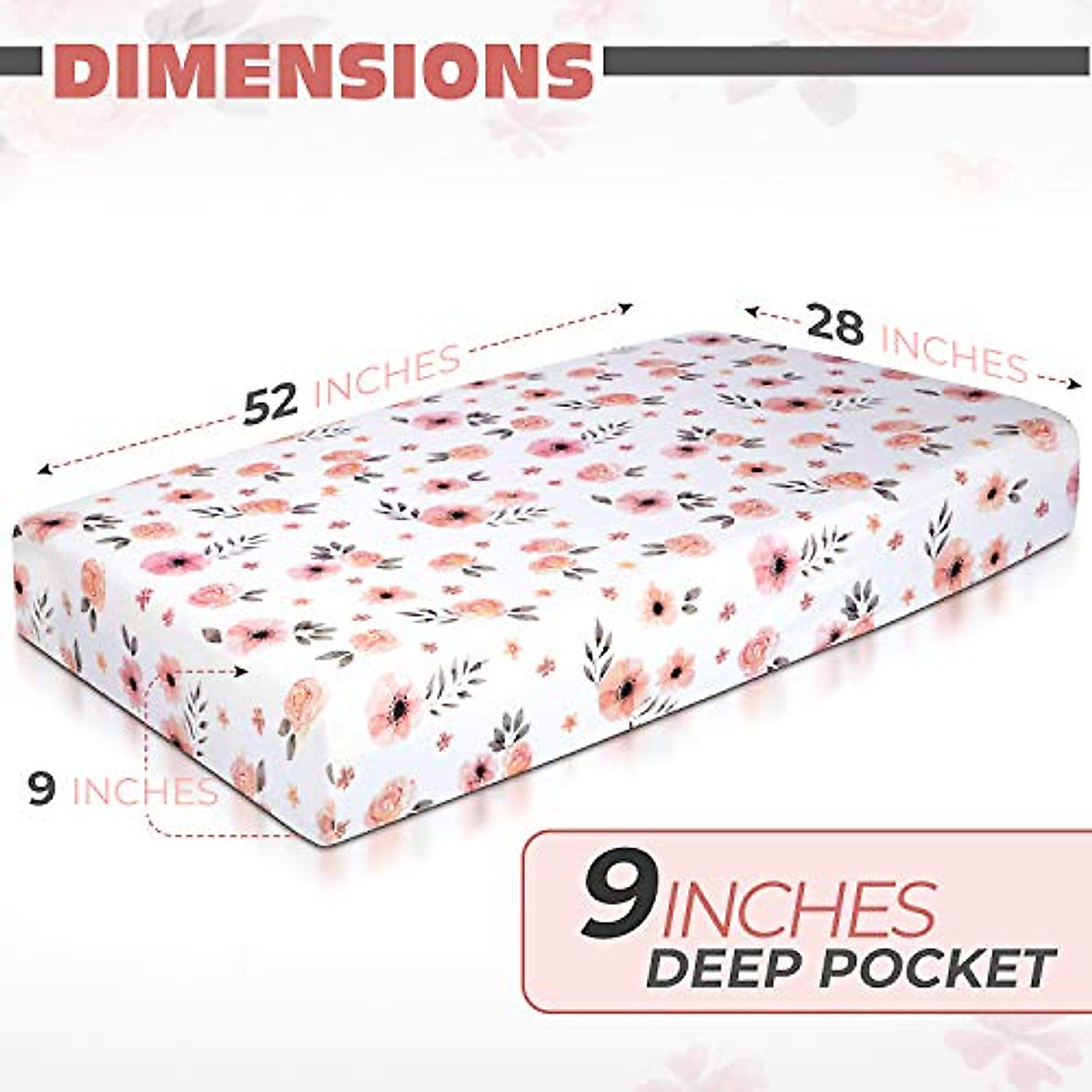 Pink Floral Girl Crib Sheet - 100% Finely Combed Cotton, Breathable, Super Soft Watercolor Rose Baby Girl Crib Sheets, 52' x 28' x 9' Fits Standard Mattress