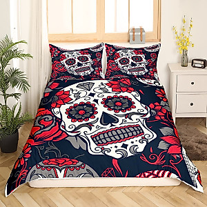 Gothic Skull Comforter Cover Set Queen Size, Death Skull Duvet Cover for Boys Girls Adults Sugar Skull Bedding Set Skeleton Decor Bedspread Cover Red Rose Floral Bedding,1 Duvet Cover 2 Pillow Shams