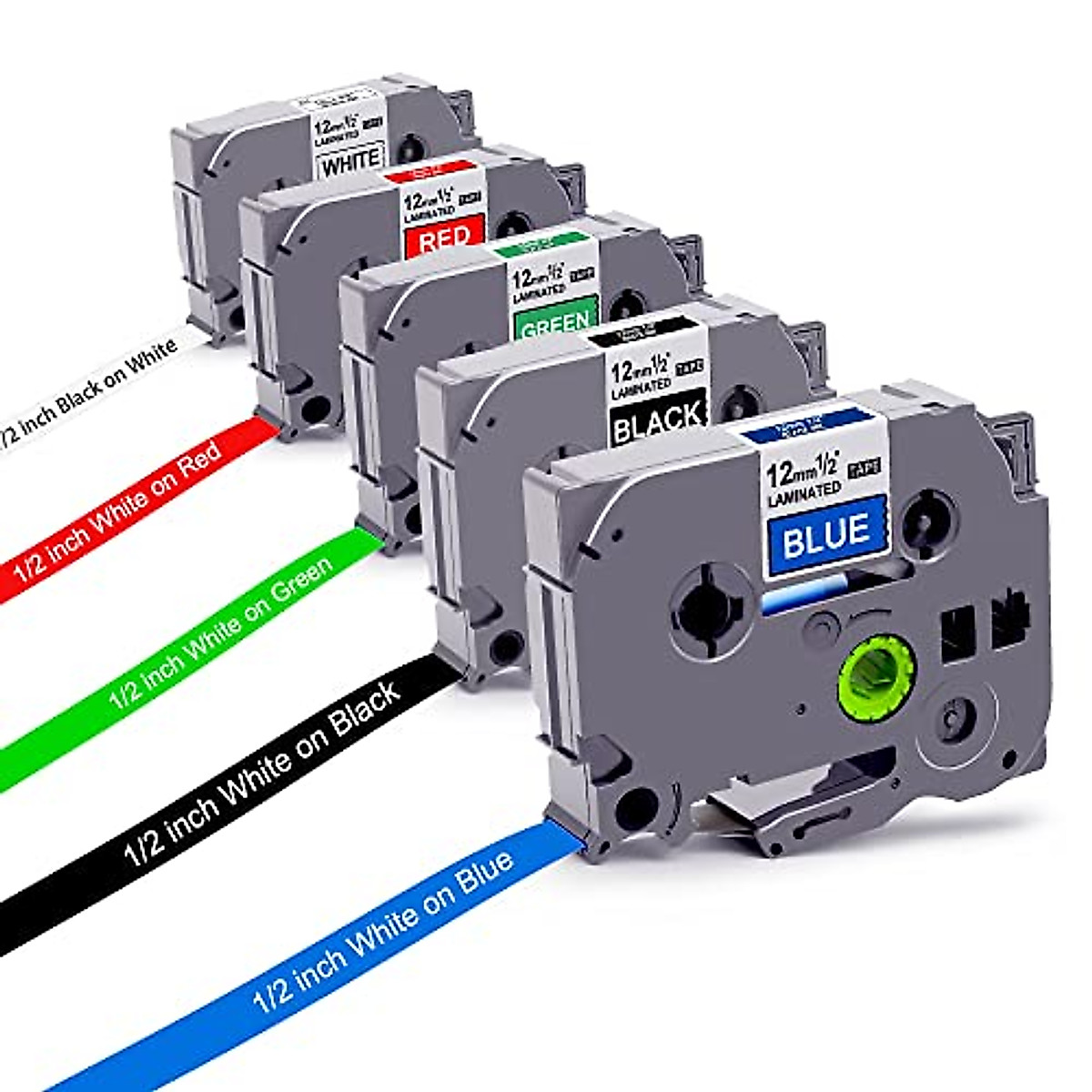 Aitaperste 5 Pack Color Compatible Tapes Replace for TZe TZ 12mm 0.47 Inch Laminated Compatible with Brother P Touch PT-D210 D202 PT-D450 P700, 26.2 Feet Roll (White/White on Black Red Blue Green)