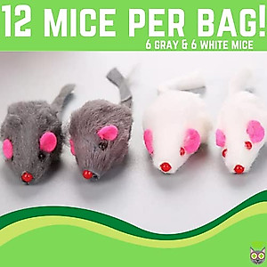 Smokey's Stash Rabbit Fur Mouse Cat Toy 12 per Pack White and Gray Fuzzy Toys for Cats with Rattle Realistic Fake mice (12)