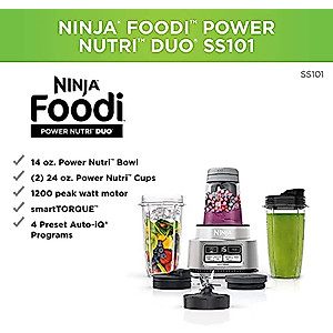 Ninja Foodi SS100 Stainless Steel Smoothie Blender Bowl Maker and Nutrient Extractor with 24-Oz Nutrient Extraction Cup, To-Go Lids and Hybrid Blades