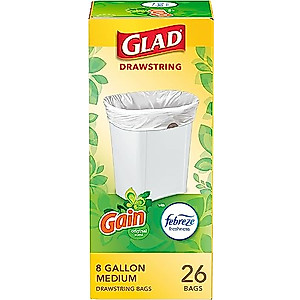 Glad Medium Drawstring Trash Bags, 8 Gal, Gain Original Scent with Febreze, 26 Ct, Pack May Vary