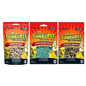 Higgins Sunburst Gourmet Natural Treats 3 Flavor Variety Sampler Bundle: (1) Millet Bits, (1) Mineral Grit, and (1) Soak n' Sprout, 1-6 Oz. Ea. (3 Bags Total)