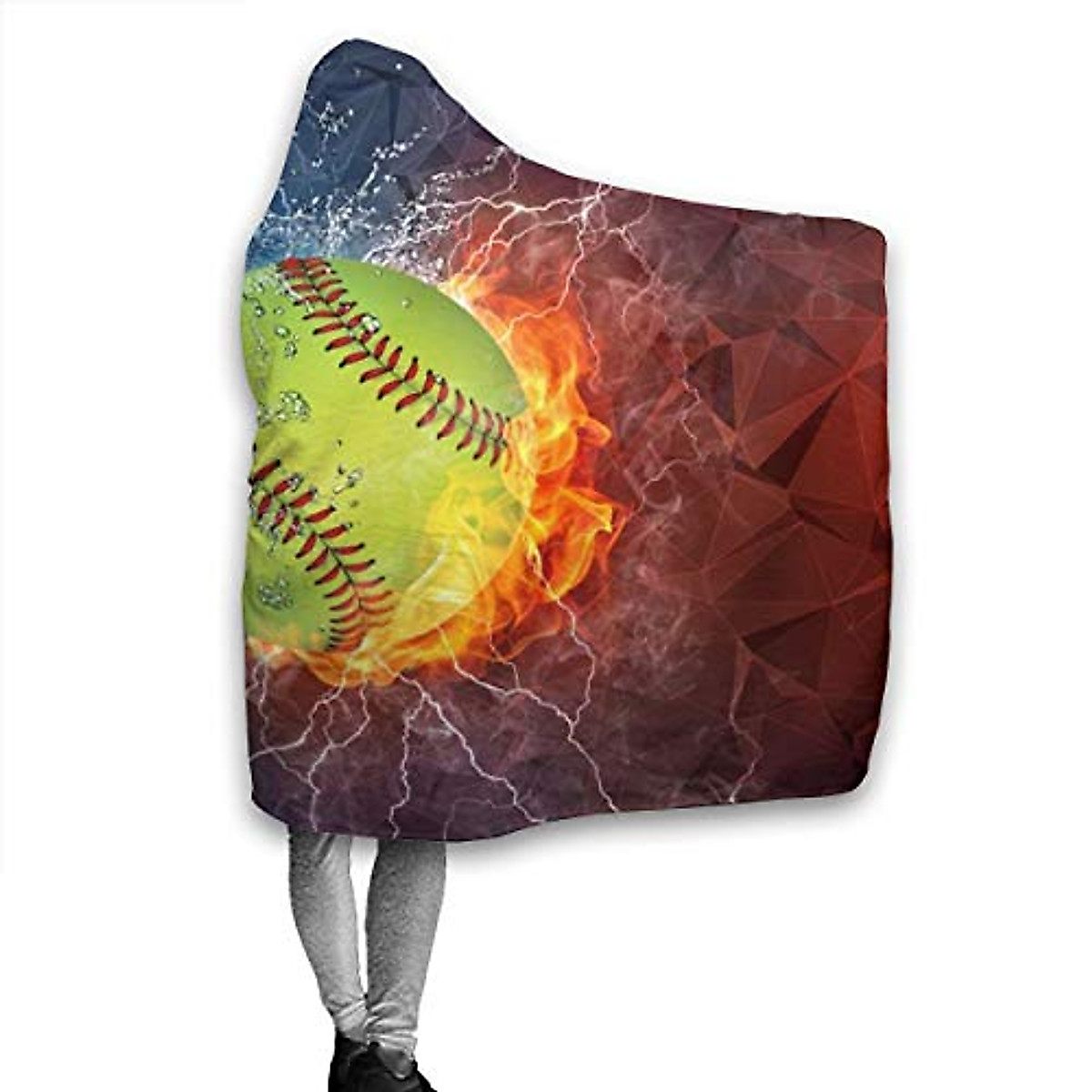 Softball On Fire and Water Hoodie Blanket Wearable Throw Blankets for Couch Blanket Hooded for Baby Kids Men Women