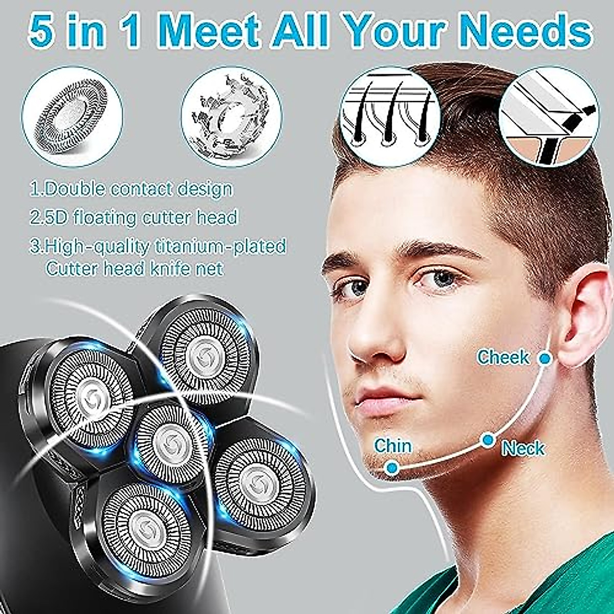 U-Kiss Electric Head Hair Shaver for Bald Men, 5-in-1 Mens Wet & Dry Electric Razor Grooming Kit with Nose Hair Trimmer, Beard Trimmer, IPX7 Waterproof and Rechargeable Electric Shavers for Men