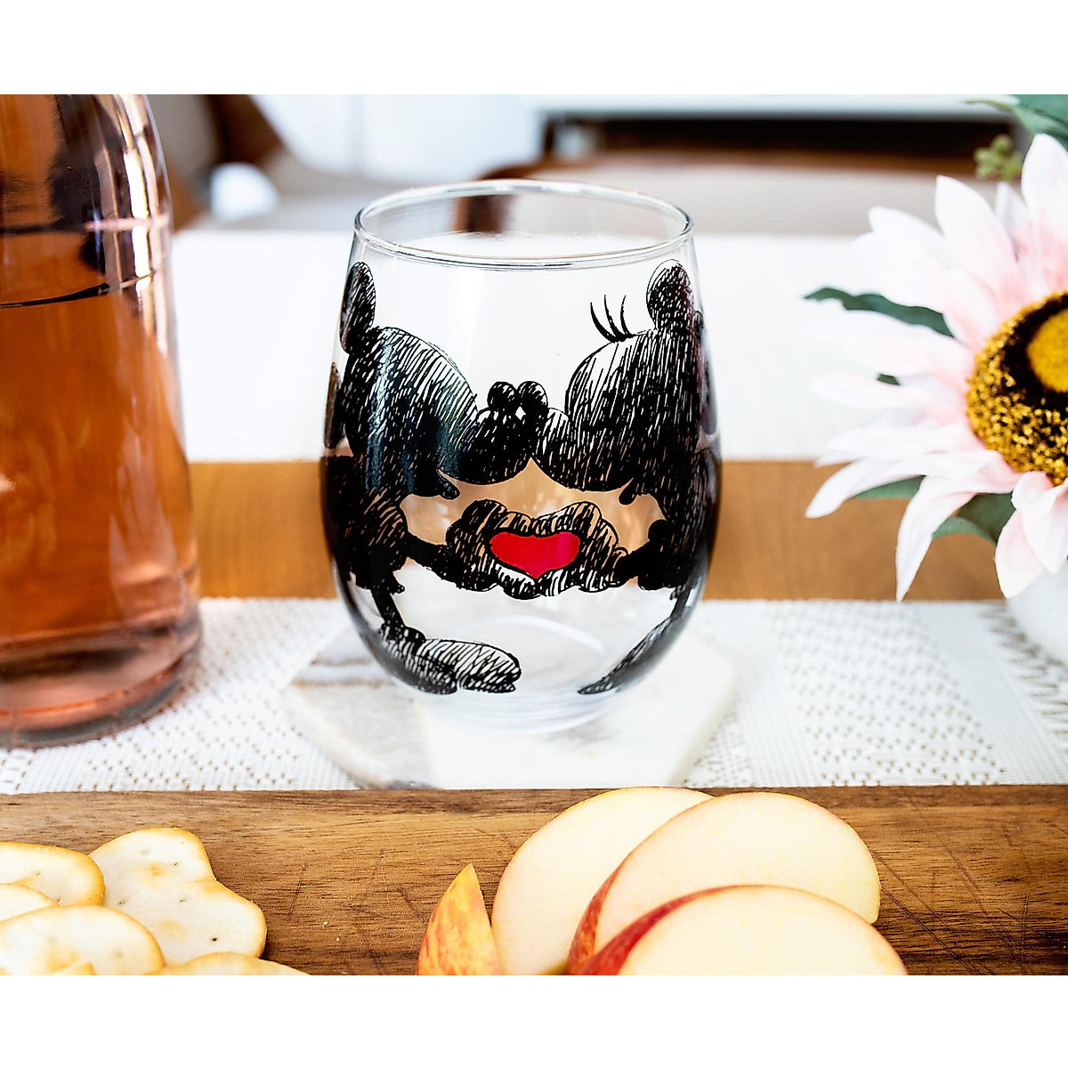 Disney Mickey and Minnie Mouse Heart Teardrop Stemless Wine Glass | Tumbler Cup For Mimosas, Cocktails