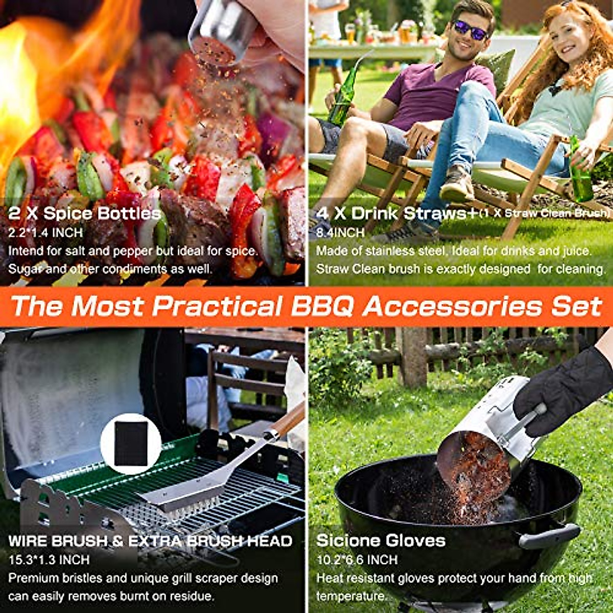 Grilling Accessories BBQ Grill Tools Set, 30Pcs Grilling Utensils Tool Gift Set for Kitchen, Camping, Kitchen, Backyard Barbecue with Tongs Spatula Thermometer Meat Injector Carry Bag