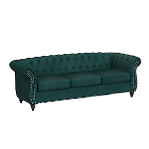 NOSGA Modern Chesterfield Fabric 3 Seater Couch Furniture, Deep Button Tufted Chesterfield Velvet Sofa with Scroll Arms, Upholstery Nailhead Trim Sofa Couches for Living Room(Green)