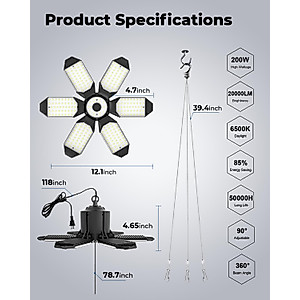 Plug in Garage Light, 200W 20000LM Linkable LED Shop Light w/Pull String(ON/Off), Garage Ceiling Light w/ 9.84ft Power Cord, 6500K LED Lights for Garage, Workshop, Warehouse, Barn, Attic
