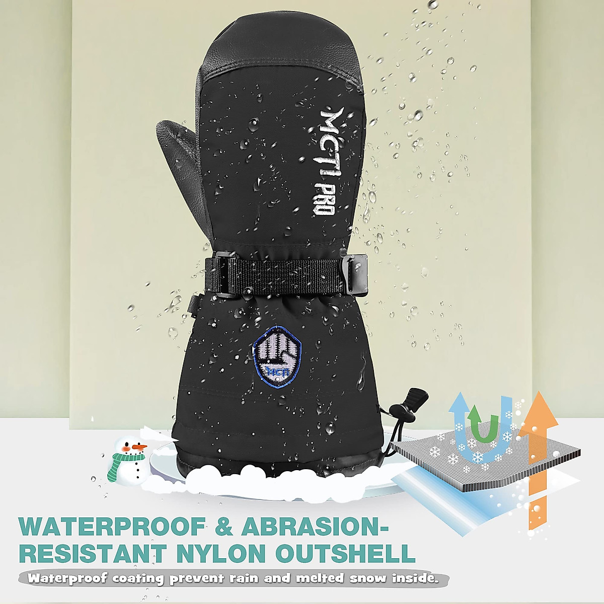 MCTi Kids Mittens Waterproof Winter Ski Warm Sherpa Fleece Lined Removable Insert