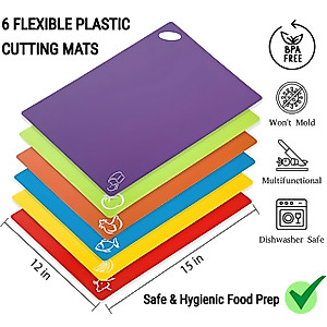 Hampton Homeware Large Bamboo Wood Cutting Board Set with 6 Color-Coded Flexible Cutting Mats with Food Icons to Prevent Cross-Contamination - Ultimate Culinary Chopping Board Set