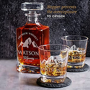 Decanter Set with Glasses Personalized, 3 PC - 25 Icon Options, Engraved Liquor, Whiskey Decanter Set with State Name, Last Name & Date, Classy Gifts for Men, Dad, Husband, Anniversary