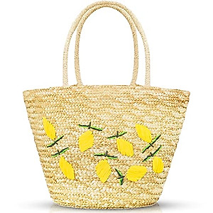 QTKJ Summer Straw Bag, Beach Bag for Women, Handwoven Handbag Vintage Lemon Pattern Embroidery, Large Rattan Tote Bag Suitable for Vacation Seaside Travel