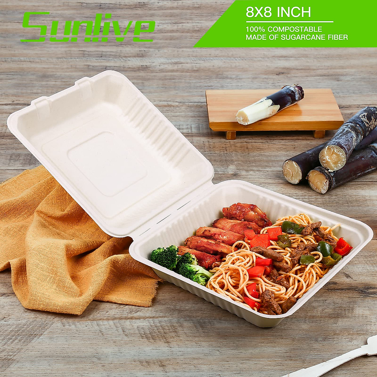 Sunlive 100% Home Compostable 50 Pack Disposable Clamshell Take Out Food Containers, 8X8'' 1-Compartment to go Containers, Heavy-Duty to go Boxes, Eco-Friendly Biodegradable, Made of Sugarcane Fibers