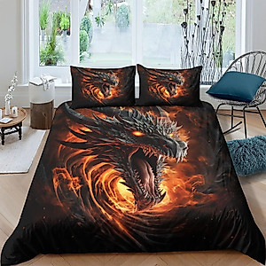 Flame Dragon for Teens And Adults Quilt Cover 3D Print Mythical Creature Comforter Covers Duvet Cover with Pillow Cases Bedding Set Soft Microfiber with Zipper Closure 3 Pieces Queen（228x228cm）