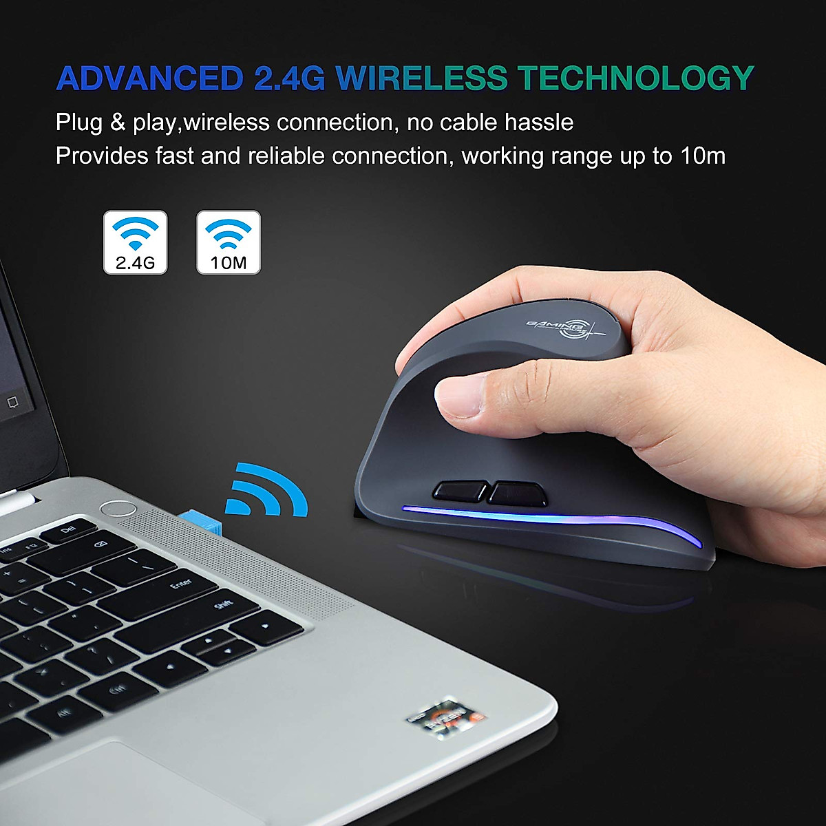 TRELC Ergonomic Mouse, 2.4G Wireless Vertical Optical Mouse with Adjustable Sensitivity (1000/1600/2400 DPI), 6 Buttons for PC, Desktop, Laptop, Notebook (Black)