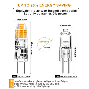 AGOTD G4 LED Bulb, 2W 12V G4 Bi Pin Bulb, G4 20W Halogen Bulb Replacement, Warm White 3000K，No-Flicker， Chandelier Lighting/Landscape Lighting/Microwave Lighting（6 Pack）