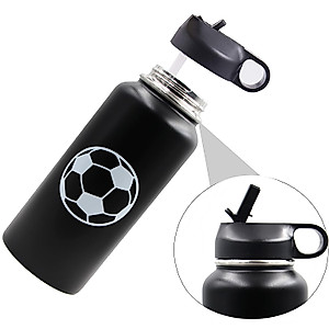 32oz Soccer Water Bottle, Wide Mouth Sports Flask with 2 Lids Straw Lid and Flex Cap, Stainless Steel Double Wall Vacuum Leak Proof Insulated Sports Water Bottles (32oz, Soccer)