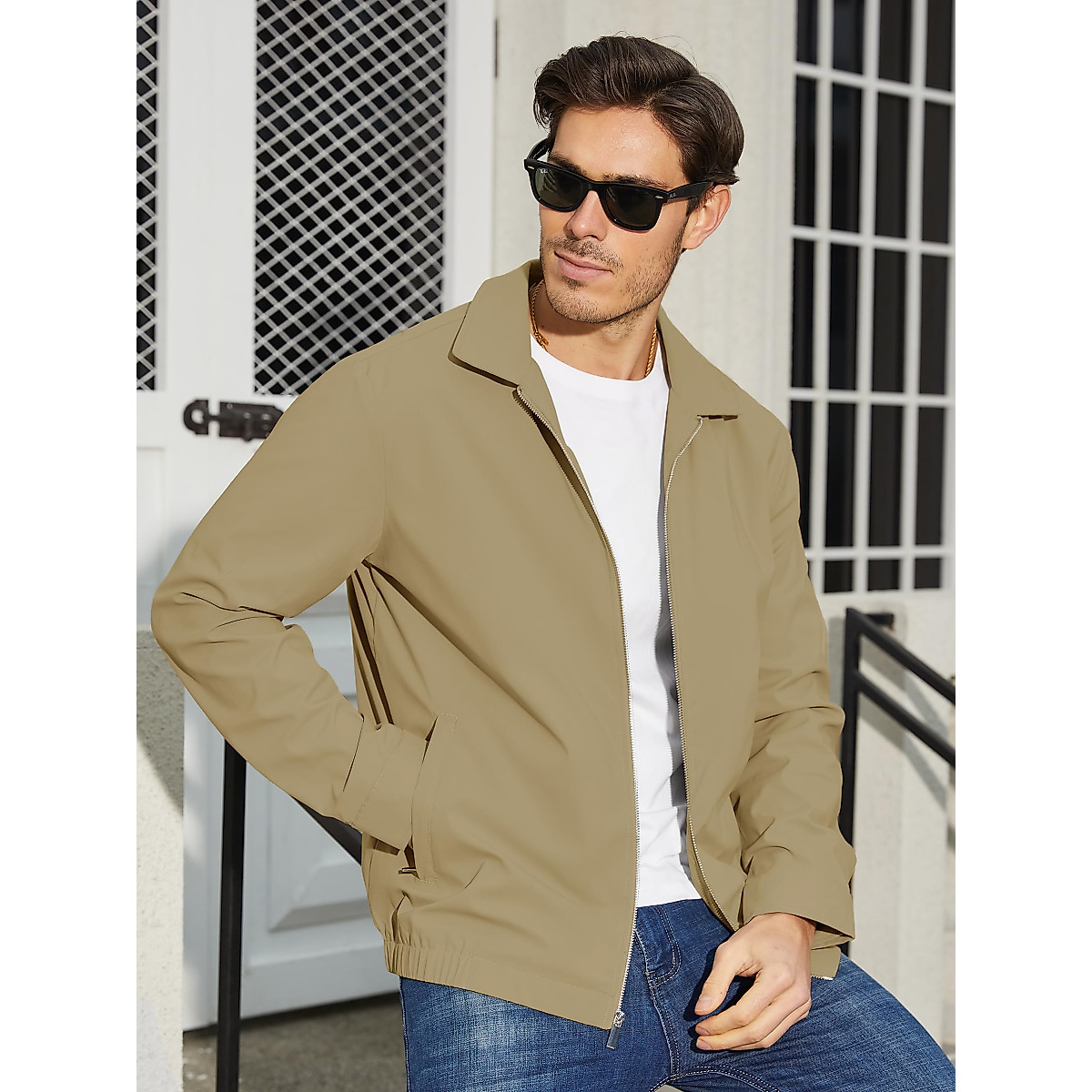 TACVASEN Mens Lightweight Jackets Casual Stylish Windbreak Collar Fall and Spring Jacket Khaki