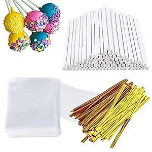 300 PCS Cake Pop Sticks and Wrappers Kit, Including 100ct 6-inch Paper Lollipop Sticks, 100ct Clear Candy Treat Bags Parcel, 100ct Gold Twist Ties for Cakepop, Lollipop, Hard Candy, Suckers, Chocolate