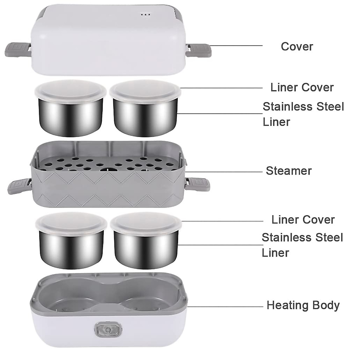 Portable Self Cooking Electric Lunch Box, Mini Rice Cooker, 2 Layers 4 Stainless Steel Steamer Food Insulation Lunch Box for Home Office Dormitory Travel Outdoor Kitchen Cook Raw Food, 2L/110V/200W