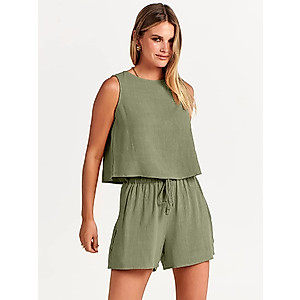 ANRABESS Women’s Summer 2 Piece Linen Shorts Sets Sleeveless Crop Top Romper Lounge Set 2024 Trendy Beach Outfits Olive Small
