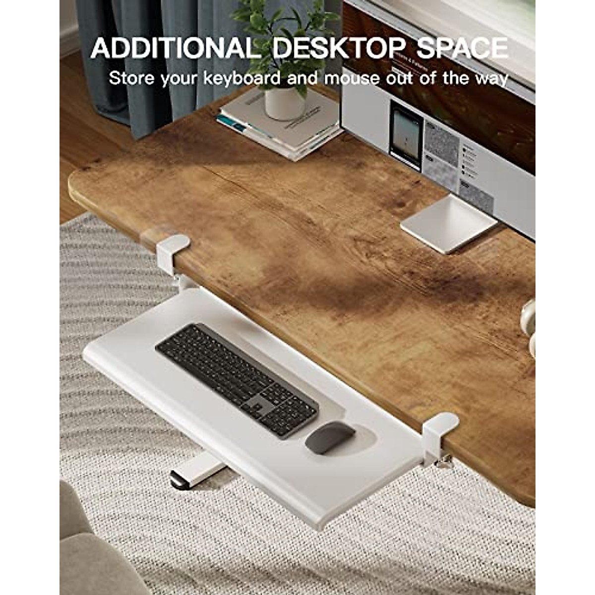 HUANUO Keyboard Tray Under Desk, Ergonomic Large Keyboard Tray with C Clamp, Updated Metal Slide Rail Keyboard Tray Mouse Tray, Pull Out Platform Computer Drawer for Typing, 27.5" W x 12.2" D, White