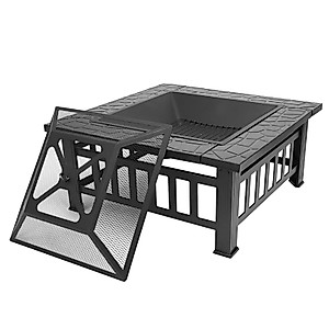 Outdoor Fire Pit Table 32 inch Fire Pits with Lid Easy to Assemble Metal Fireplace Multifunctional Square Firepit Stove for Backyard Patio Garden