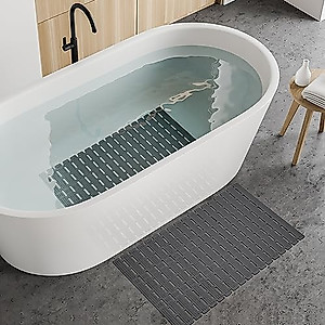 WELTRXE Bath Tub Shower Mat Non Slip Bathtub Mats for Bathroom Shower Floor Mat Dark Grey Soft TPE Bath Mats for Tub/Shower, 27"x15.7" Anti Slip Shower Mat Washable with Drain Hole and Suction Cups