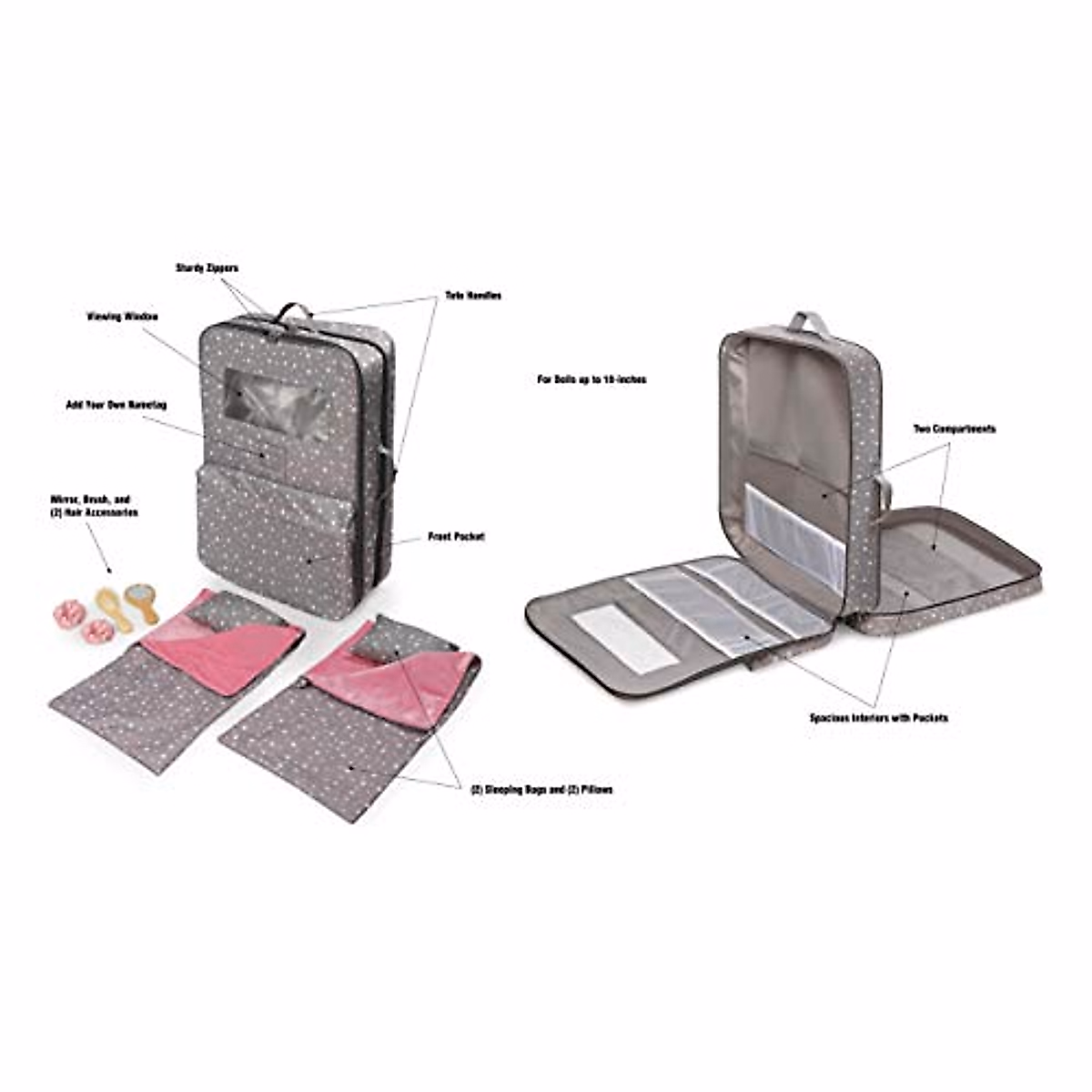 Badger Basket Pack Pretty Double Doll Carrier with Two Sleeping Bags for 18 inch Dolls - Gray/Stars