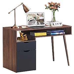 Tangkula Computer Desk with Drawers, Multipurpose Home Office Desk Writing Desk with Spacious Desktop & Storage Shelf, Computer Table Workstation, Desk for Bedroom Home Office (Brown)