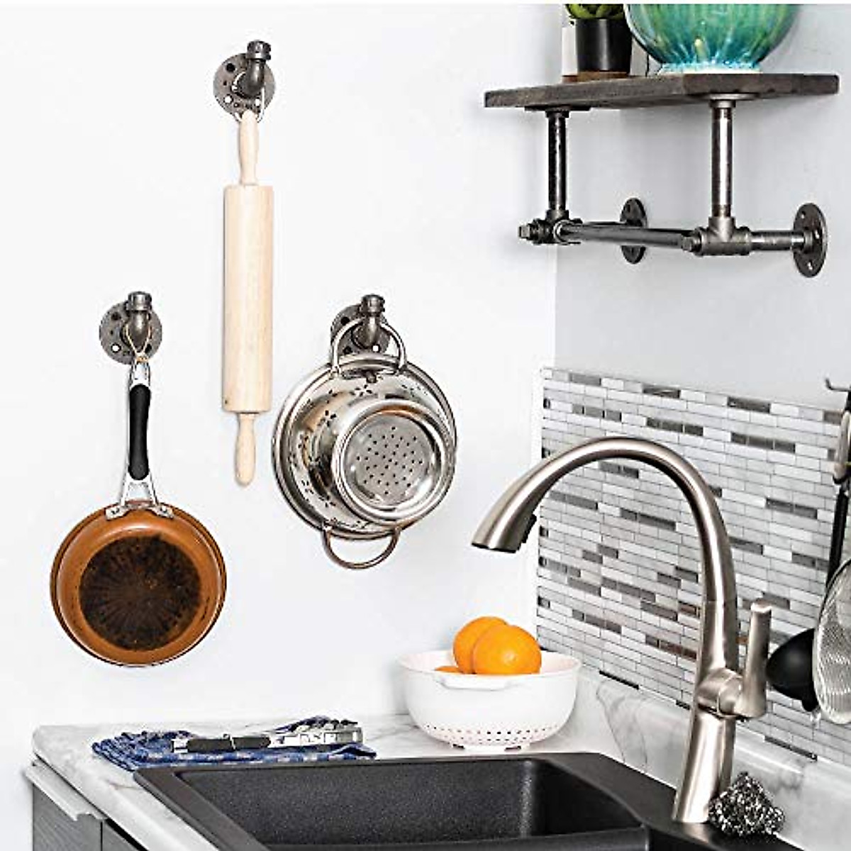 PIPE DECOR Coat Hooks Set of 3 - Industrial Heavy Duty Wall Mounted, Rustic Iron DIY Style, Steel Grey Black for Entryway, 1/2" inch Threaded Floor Flanges Fittings and Elbows