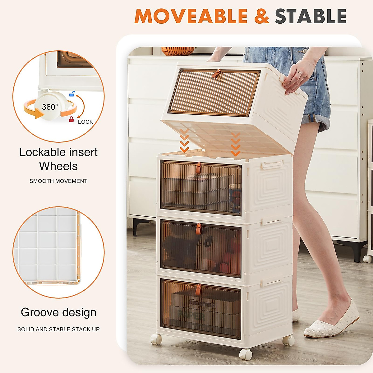 Sweetcrispy 4 Tier Stackable Plastic Storage Bins with Lid - 23QT Foldable Organizers and Storage with Magnetic Doors & Lockable Wheels, Collapsible Storage Boxes for Living Room, Office, Dorm