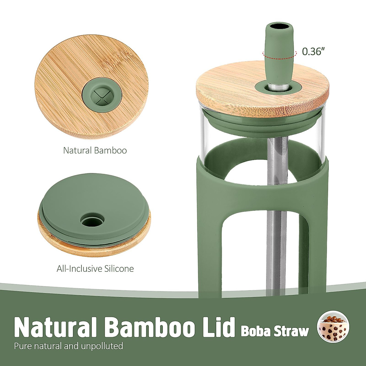 kytffu Glass Cups With Lids and Straws, 24oz Glass Tumbler, Iced Coffee Cup, Leak-proof Lid and Straw, Smoothie Cup with Bamboo Lid and On the Go Lid, Drinking Glass Cup for Home, Outdoor (Olive)