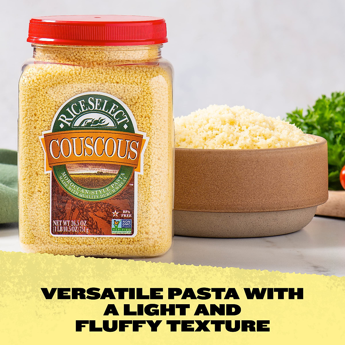 RiceSelect Couscous, Moroccan-Style Wheat Couscous Pasta, Non-GMO, 26.5-Ounce Jar, (Pack of 1)