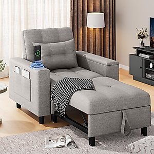 YITAHOME Sleeper Chair Bed for Adults, 3-in-1 Convertible Sofa Chair Bed Pull Out Couch with Wireless USB Type C Charging Ports Storage for Living Room Office Bedroom Apartment, Grey