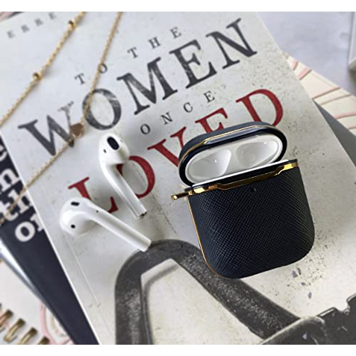 KIQ Canvas for AirPods Case Cover Textured Soft Protective Cover w/Keychain for Women Men for Apple AirPods 2nd Generation Case AirPod Case 1st Generation Air Pod Gold Trim – Black