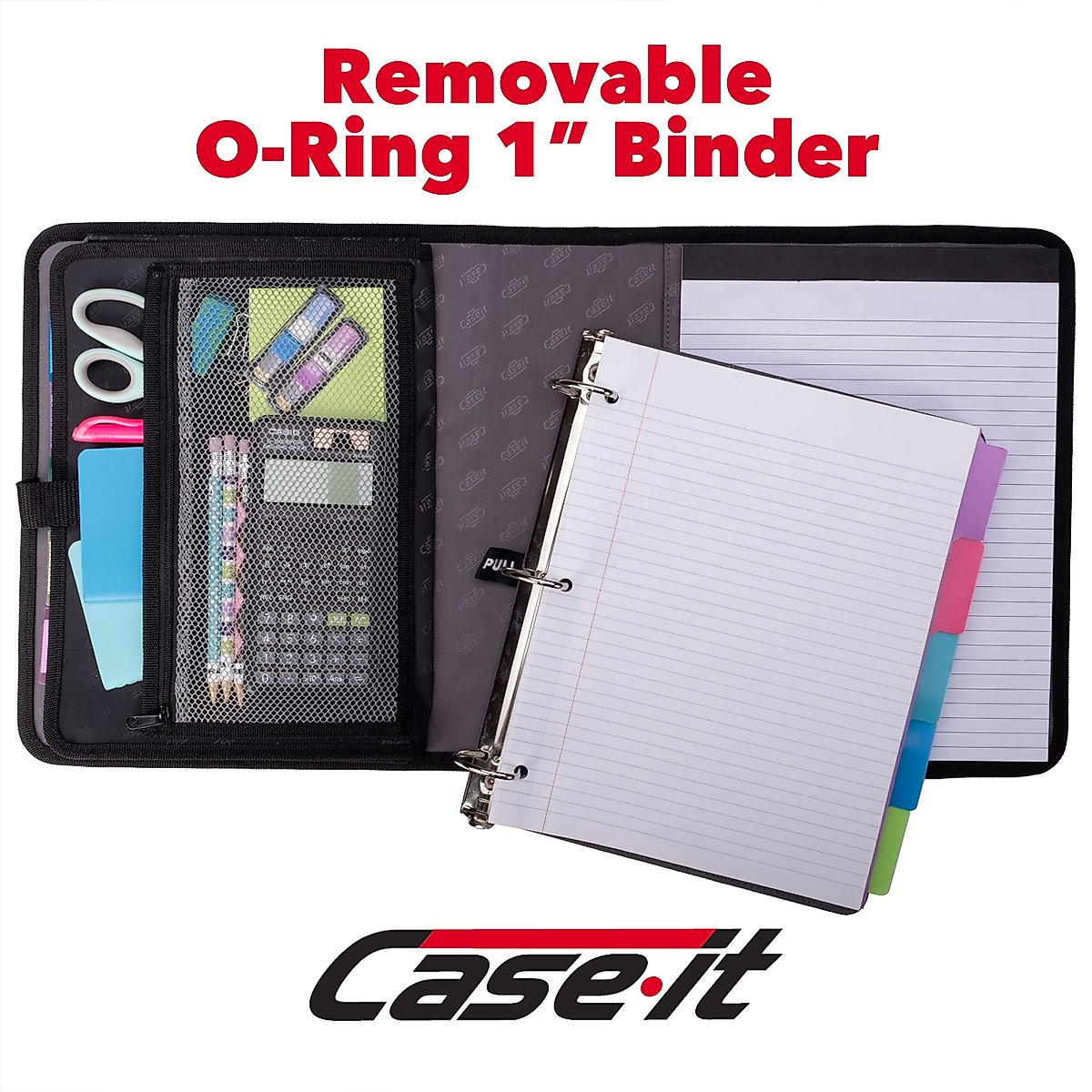 Case-it Padfolio with 1" Removable O-Ring Binder, with 5-Color Tabbed Expanding File Folder, Mesh Pockets, Pen Loops, Secure Elastic Strap Closure, Slim-700-FN, Black