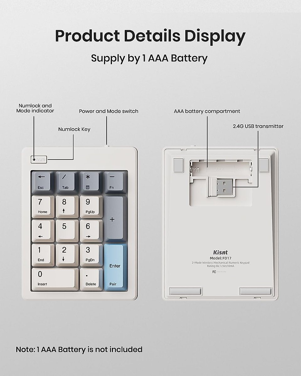Kisnt Wireless Mechanical Number Pad, Bluetooth 5.0&2.4G Wireless Dual Mode Hot Swappable Numeric Keypad,17 Keys Gasket Numpad, Ten-Key with PBT Keycaps for Laptop/PC/TKL Keyboards(Linear Switch)