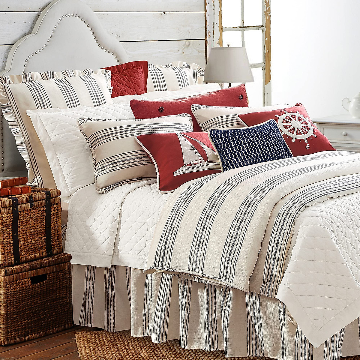 HiEnd Accents Prescott Farmhouse Bedding, 3 Piece Super King Size Striped Comforter Set with Pillow Shams, Ivory Navy Ticking Stripes Pattern, Chic Casual Coastal Boho Style Bed Set