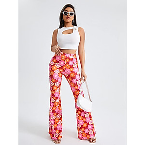 OYOANGLE Women's Floral Print High Waist Yoga Pants Wide Leg Pants Bell Bottom Trousers Orange and Pink S