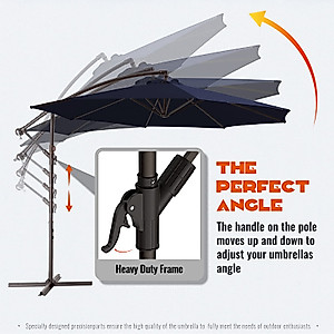 VOUA 10ft Large Outdoor Patio Umbrella with Tilt Adjustment, Navy, Polyester Fabric, Aluminum Pole, 8 Ribs, UV Protection, Crank & Cross Base
